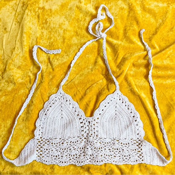 Tops | Boho Crochet White Lined Halter Top Tie Closure Festivalwear ...